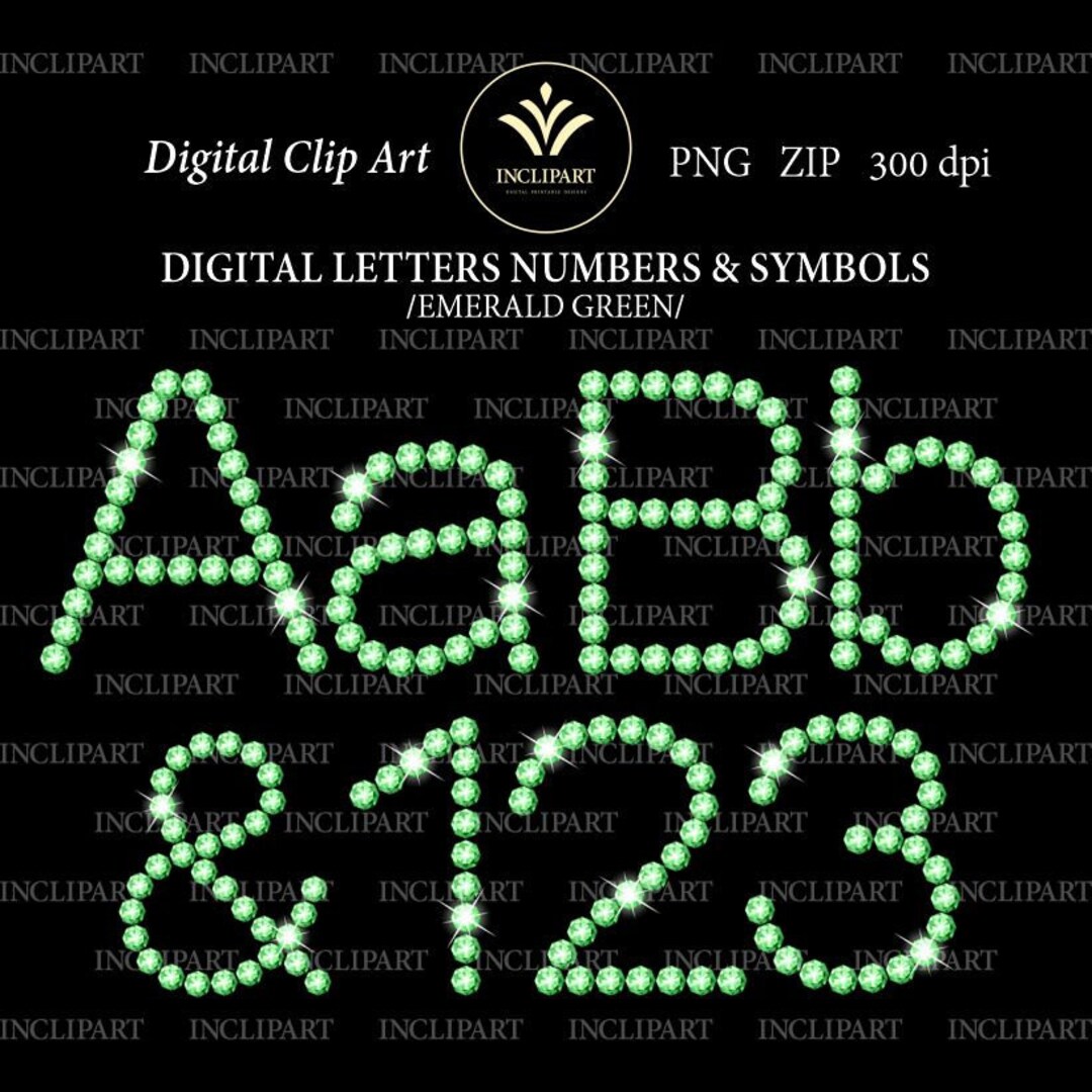 Green Emerald Letters, Numbers, Symbols Clipart. Green Diamond, Rhinestone, Cristal, Gem ...