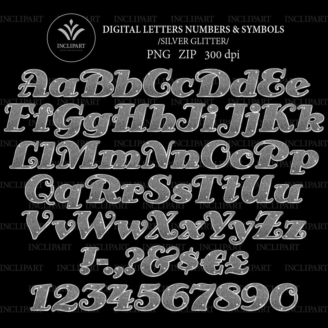 Silver Glitter Alphabet Clipart. Letters, Numbers Digital Clipart ...