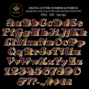 Glitter Alphabet Clipart. Letters and Numbers Digital Clip Art. Maroon ...