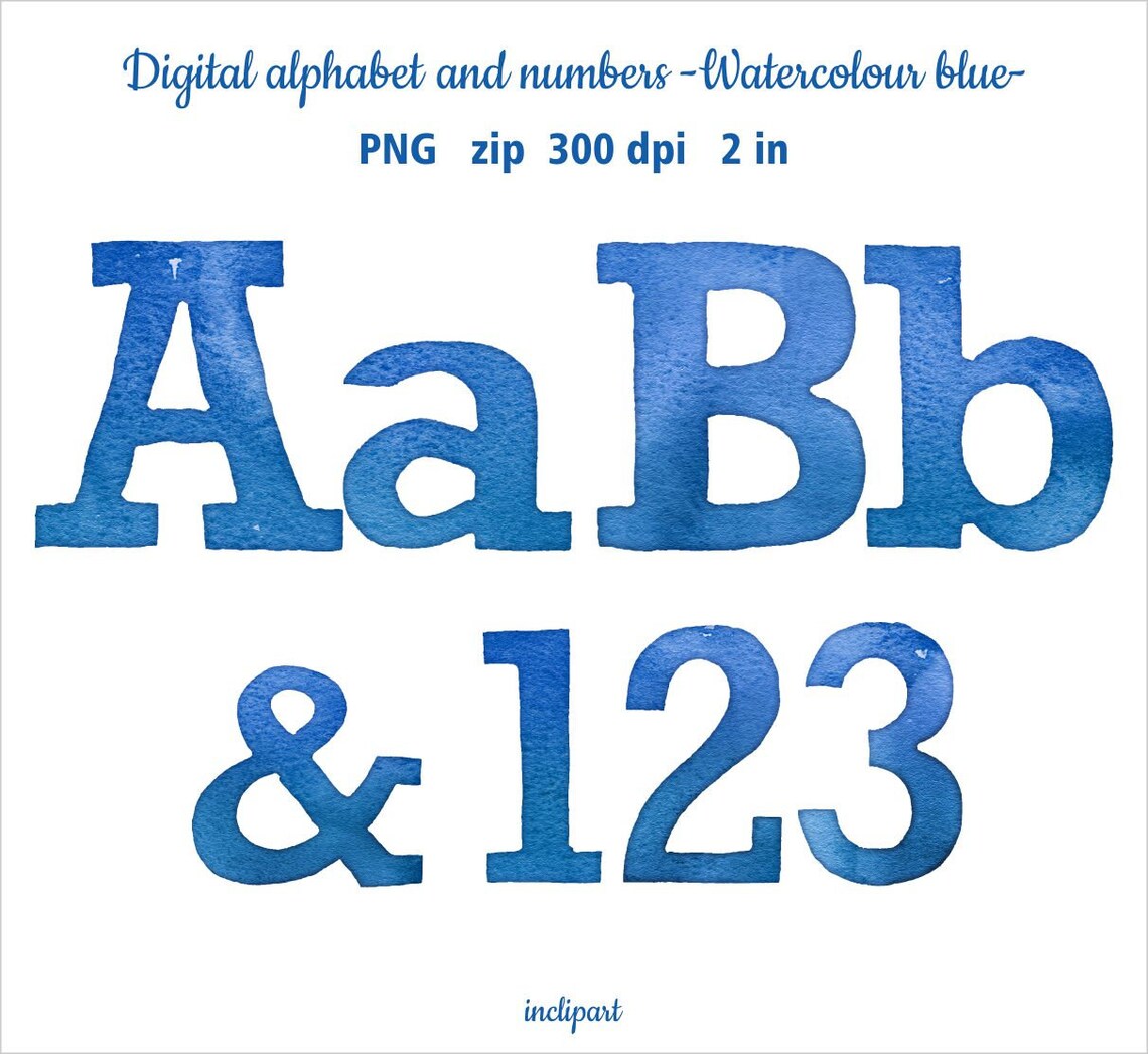 Watercolour Blue Letters Numbers Symbols Digital Clipart. | Etsy UK