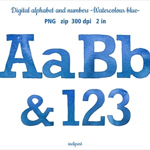 Watercolour Blue Letters, Numbers, Symbols Digital Clipart. Blue Hand ...