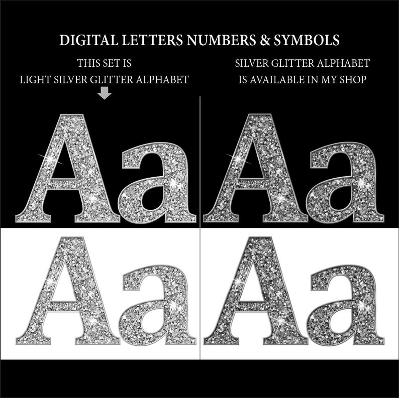 Light Silver Glitter Alphabet Digital Clipart PNG File Format. Letters ...