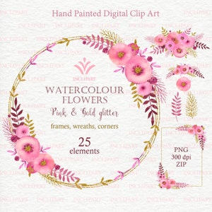 Pink Watercolor Flower clipart. Floral wreath corner frames | Etsy