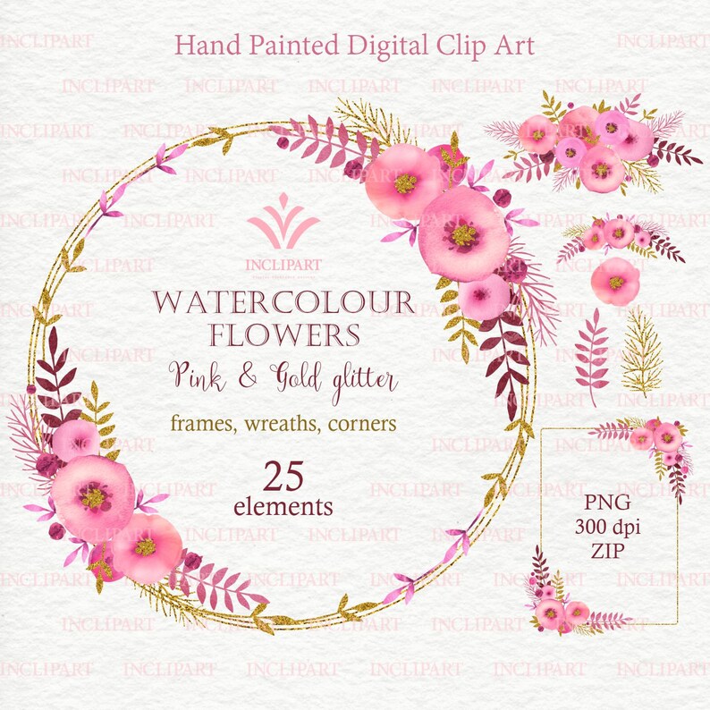 Pink Watercolor Flower Clipart. Floral Wreath Corner Frames - Etsy UK