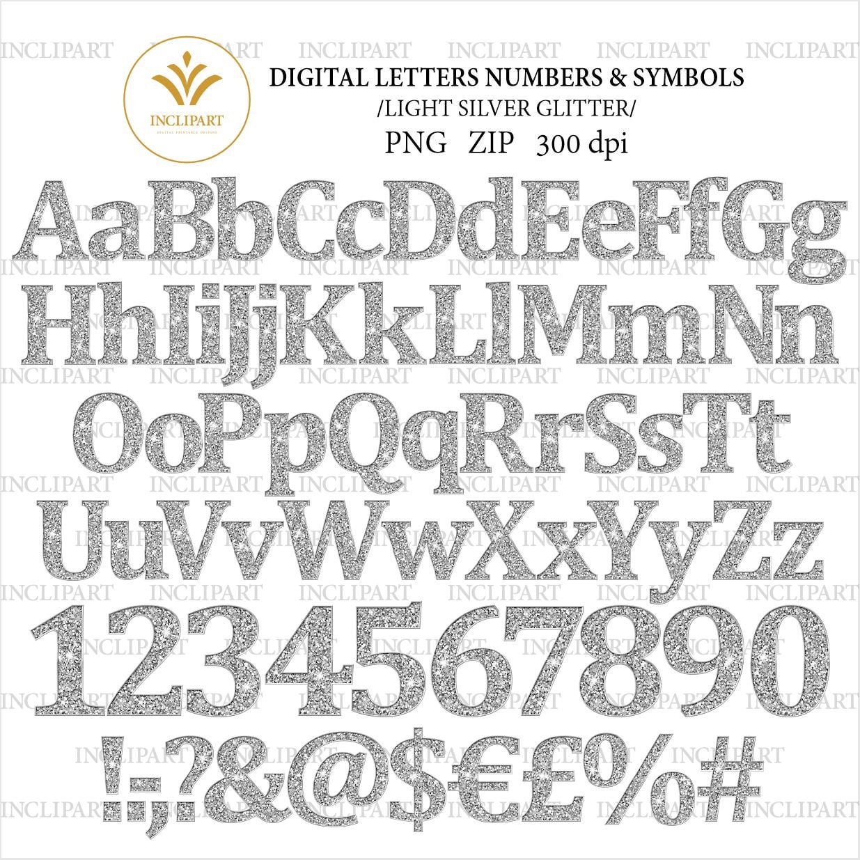 Light Silver Glitter Alphabet Digital Clipart PNG File Format. Letters ...