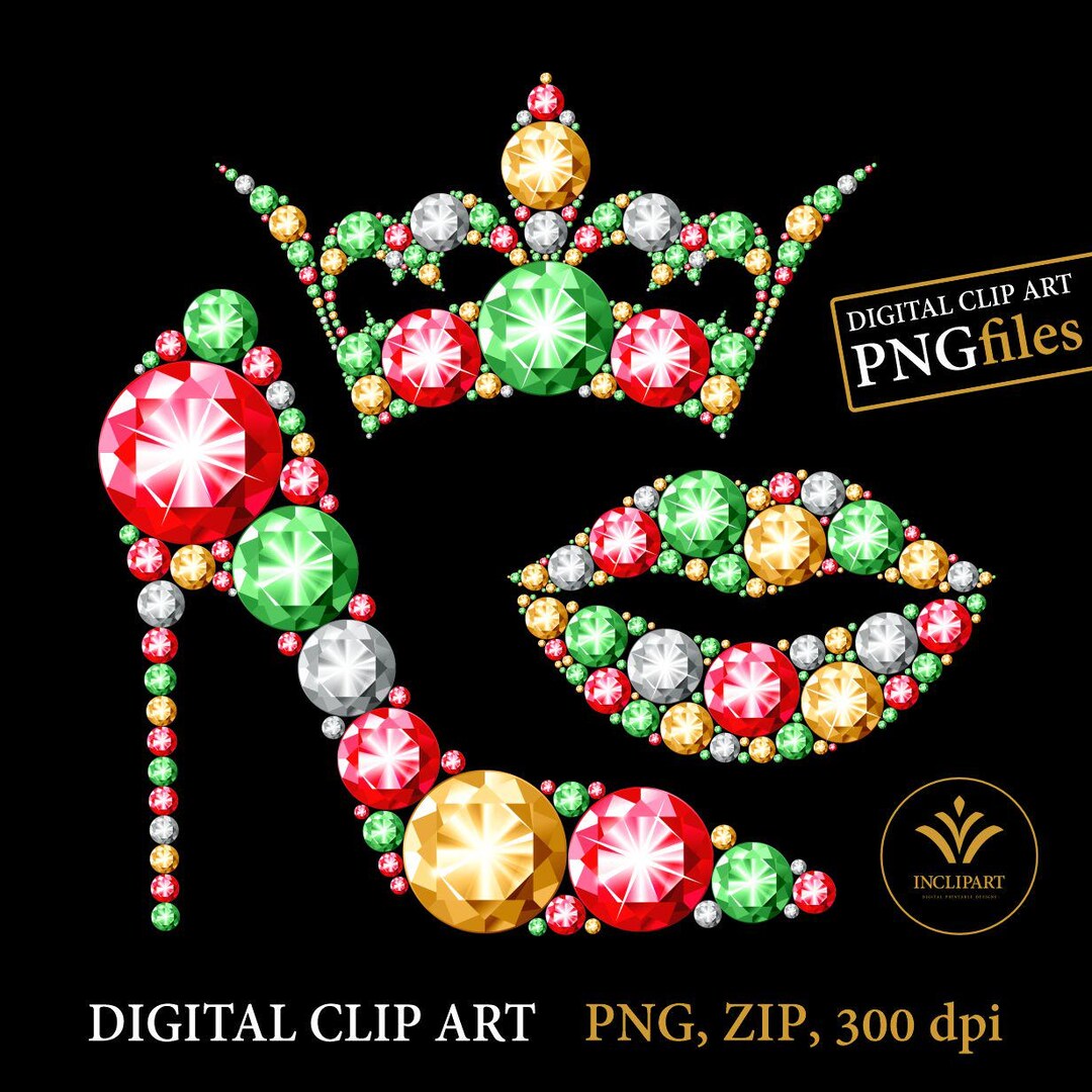 High Heel Shoe, Crown, Lips Digital Clipart PNG File Format. Red, Green ...