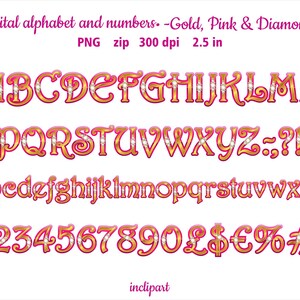 Diamonds in Gold and Pink Alphabet and Numbers Clip Art. - Etsy