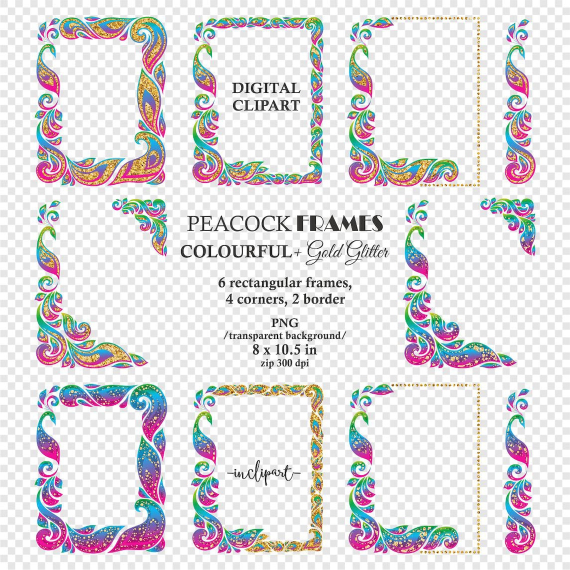 Peacock Frame Clipart. Colorful Frame Corner Border With | Etsy UK