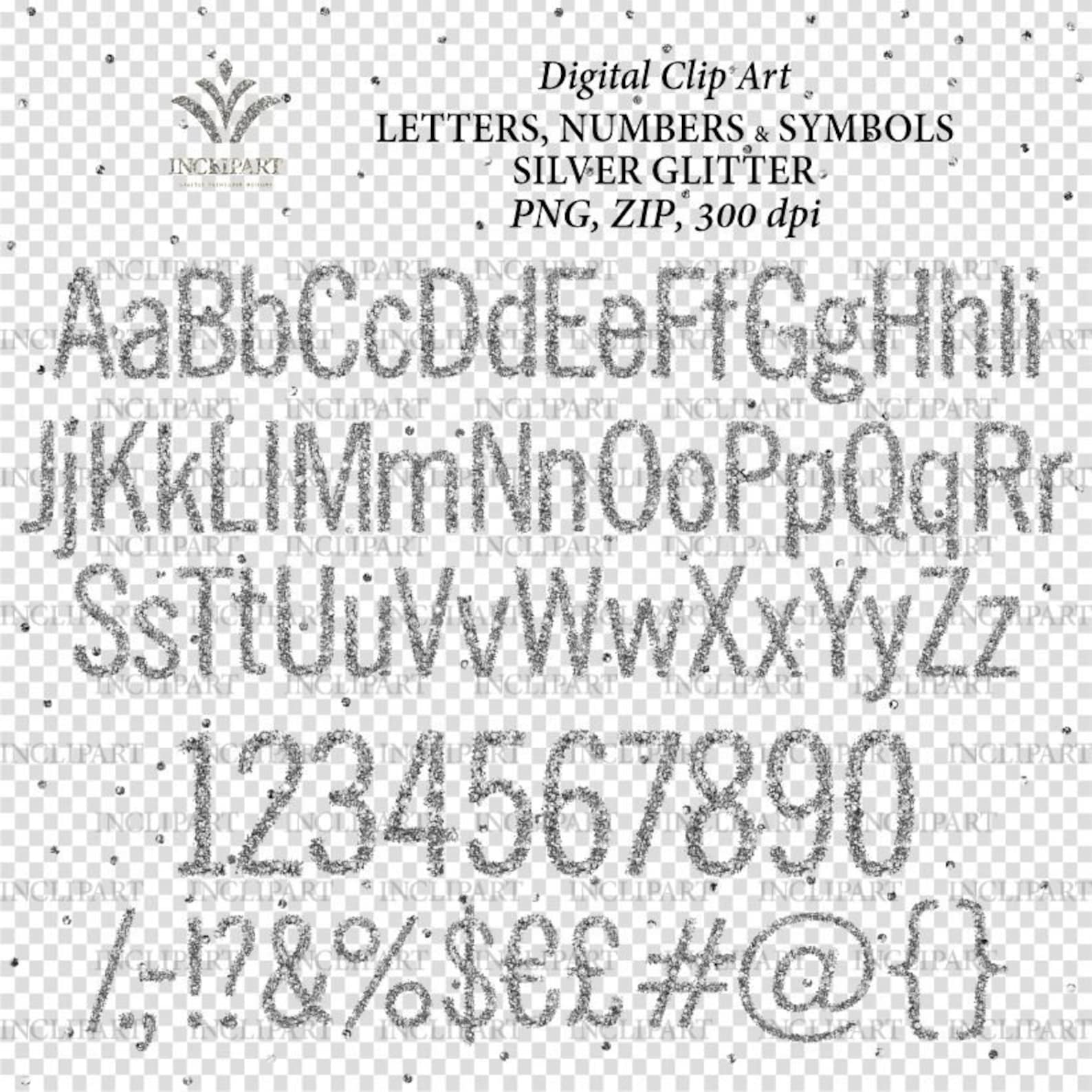 Silver Glitter Letters, Numbers, Symbols PNG Digital Clip Art. Glitter ...