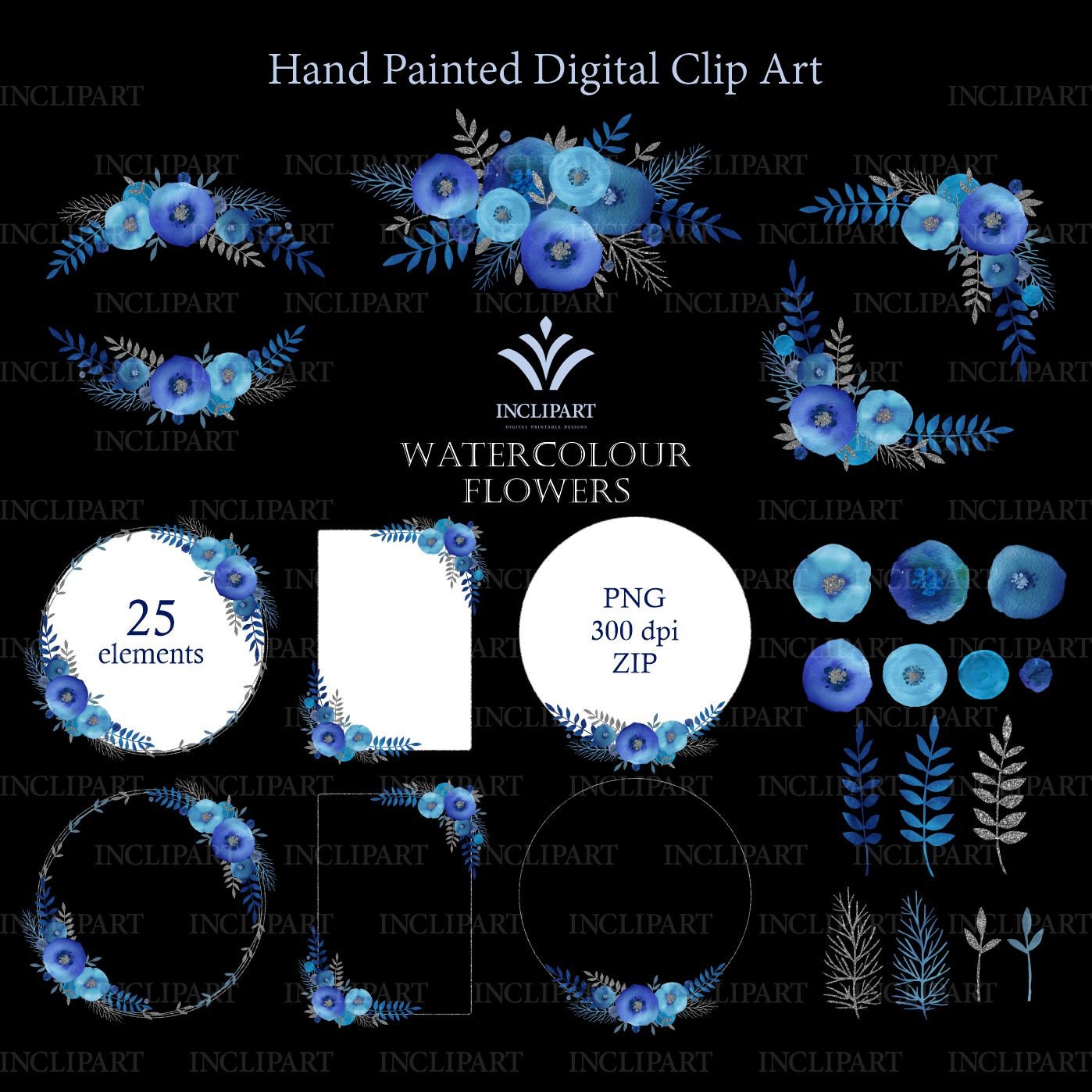 Watercolor Navy Blue Flowers clipart. Floral wreaths corners | Etsy