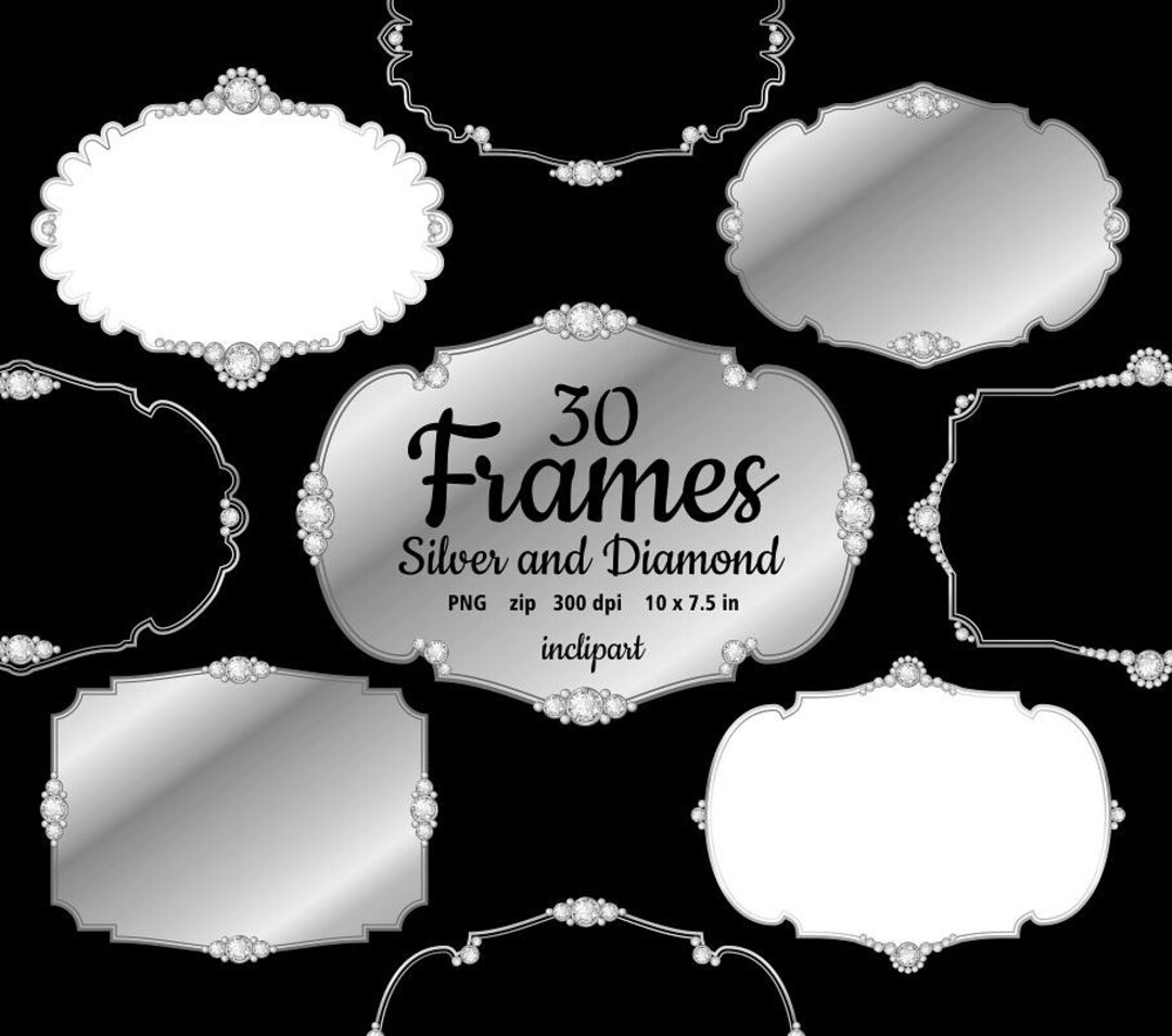 Silver and Diamonds Digital Frames Clip Art. Set of 30 Various Silver ...