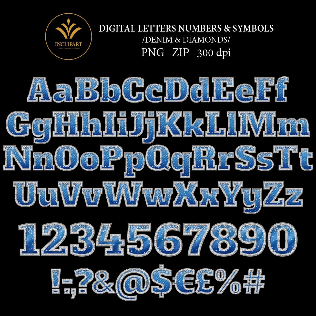 Denim and Diamonds Letters, Numbers Clipart in PNG File Format. Digital ...