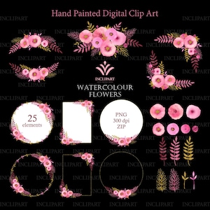 Pink Watercolor Flower Clipart. Floral Wreath, Corner, Frames Clip Art ...