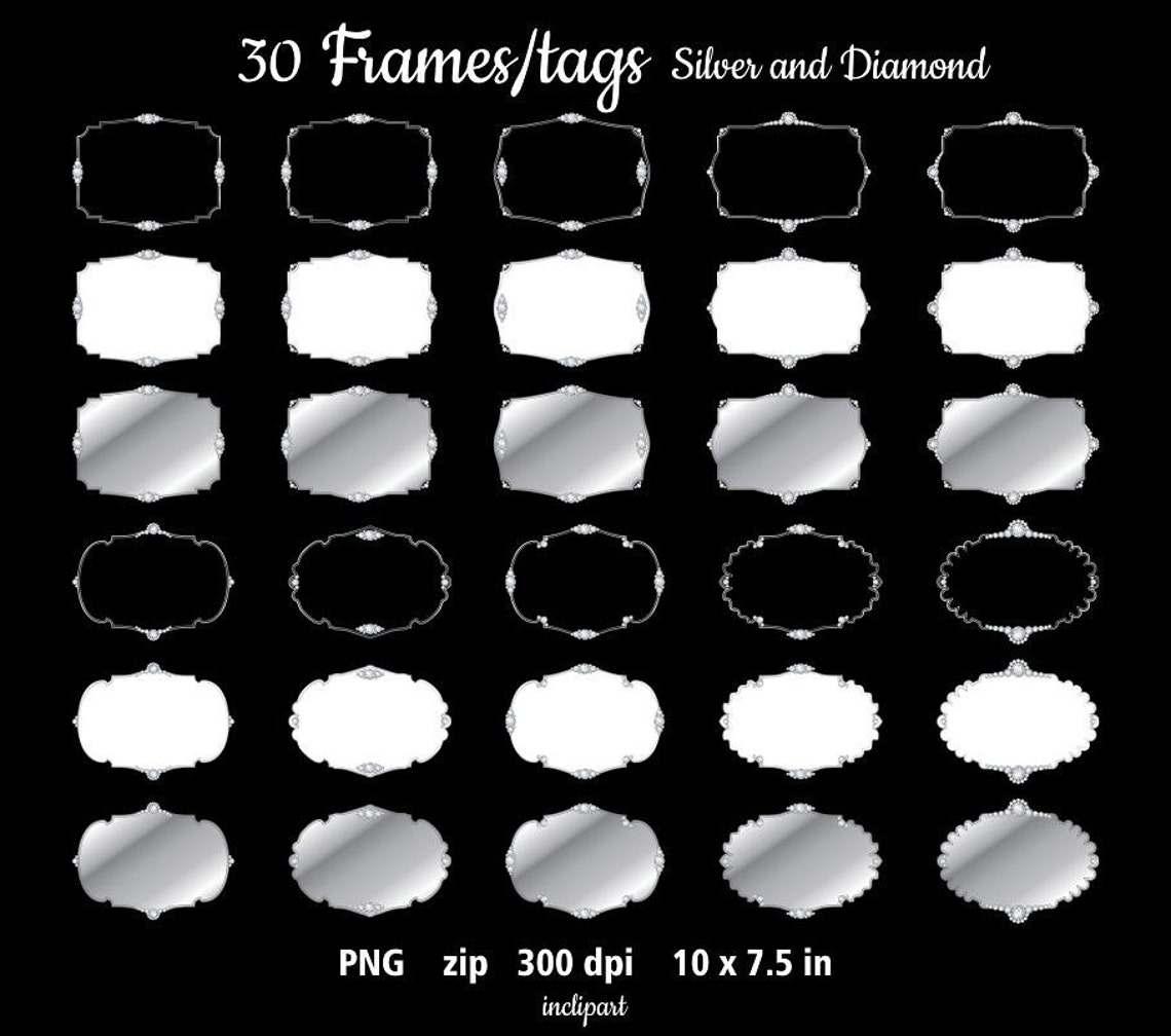 Silver and Diamonds Digital Frames Clip Art. Set of 30 Various - Etsy