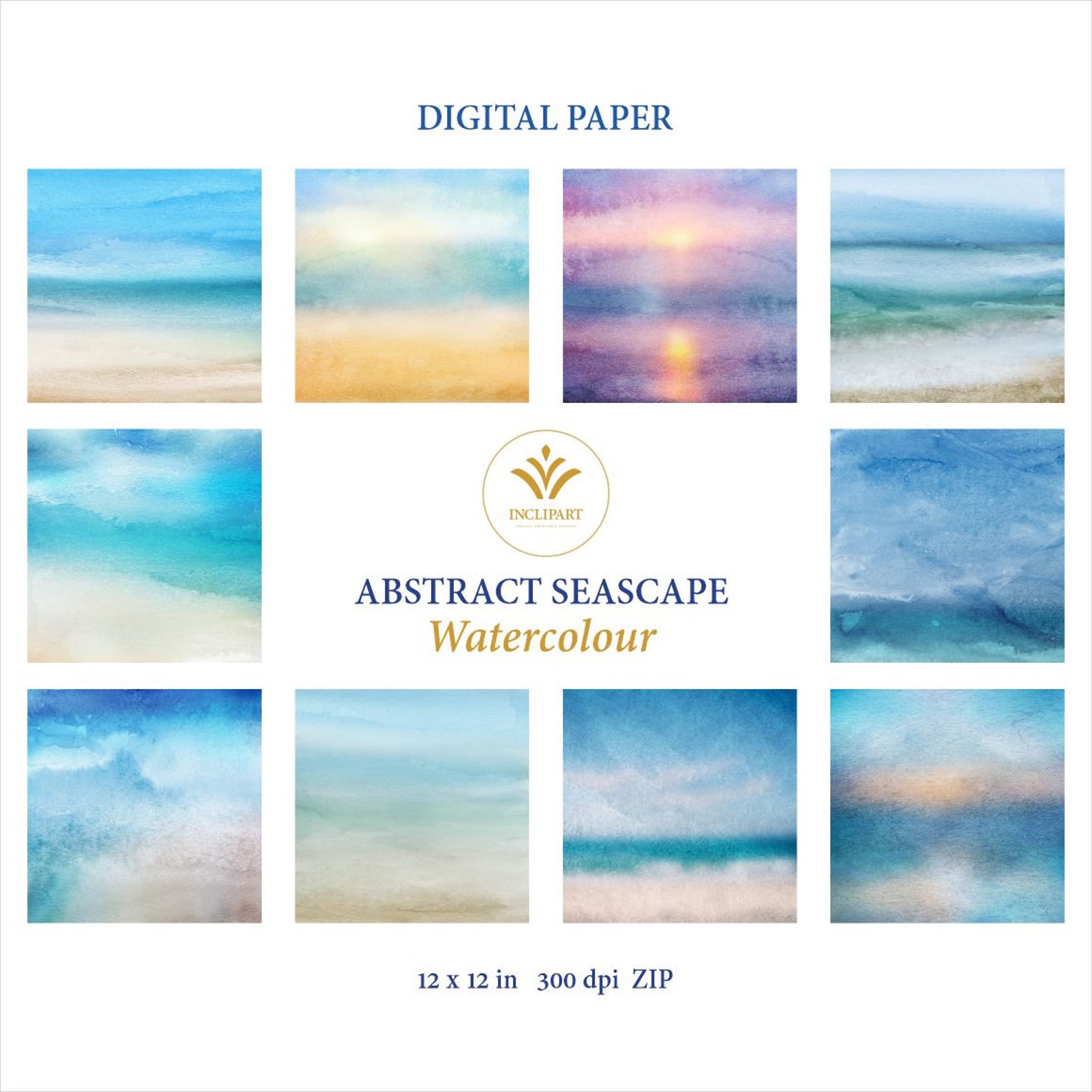Abstract Seascape Watercolour Digital Paper Clip Art. Set of 10 JPG ...