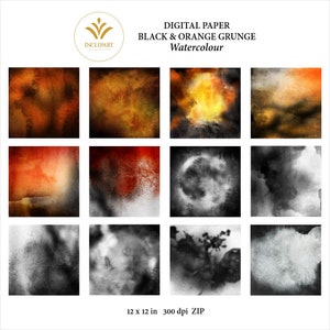 Grunge Watercolour Digital Paper Clip Art. Set of 12 JPG Black Orange ...