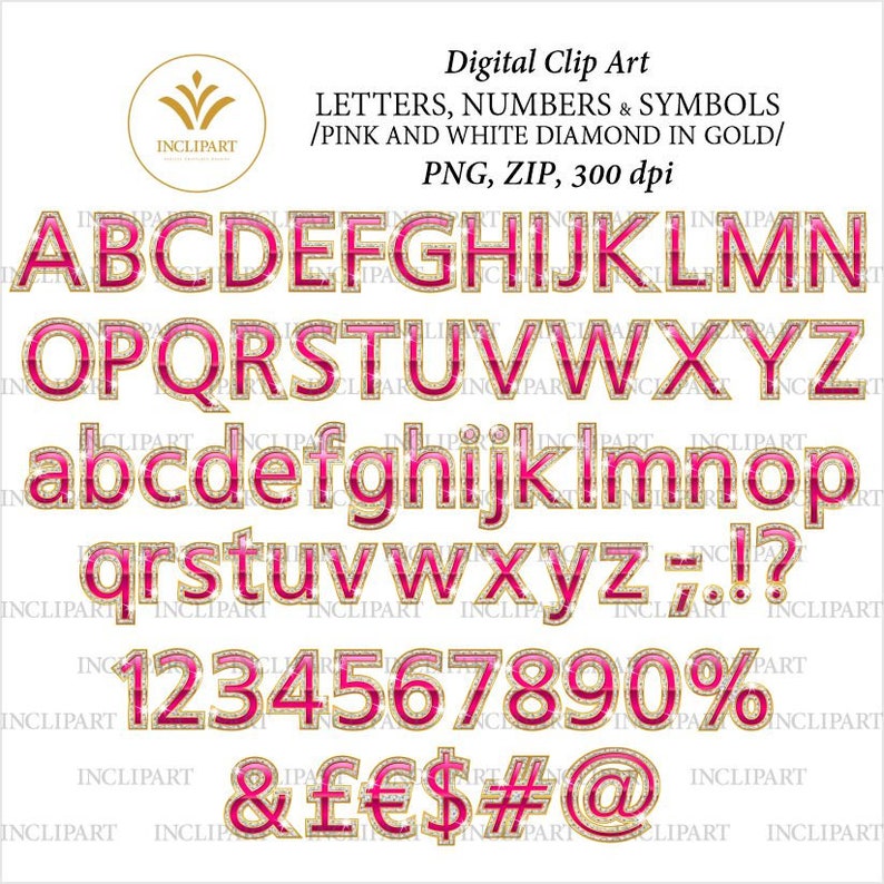 Pink, Diamond and Gold Alphabet and Numbers Clipart. Rhinestone Letters ...