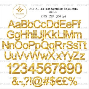 Gold Letters and Numbers Digital Clipart PNG File Format. Alphabet Clip ...