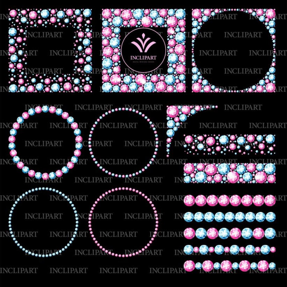 Diamond Clipart. Pink and Blue Gem Frames, Borders Overlay. Rhinestone ...