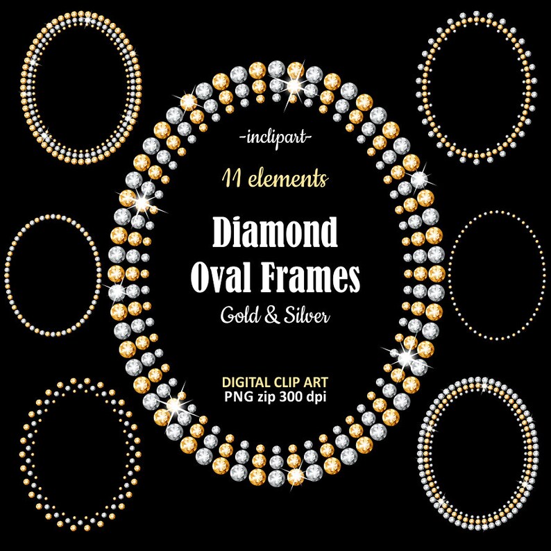 Oval Diamond Frames Clipart. Silver gold gem frames overlay. | Etsy