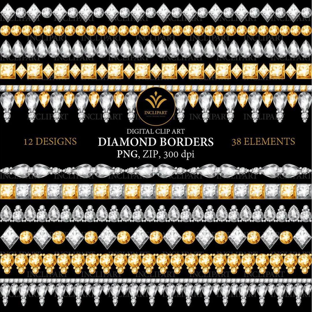 Diamond Borders Digital Clip Art PNG Format. Rhinestone, Crystal White ...