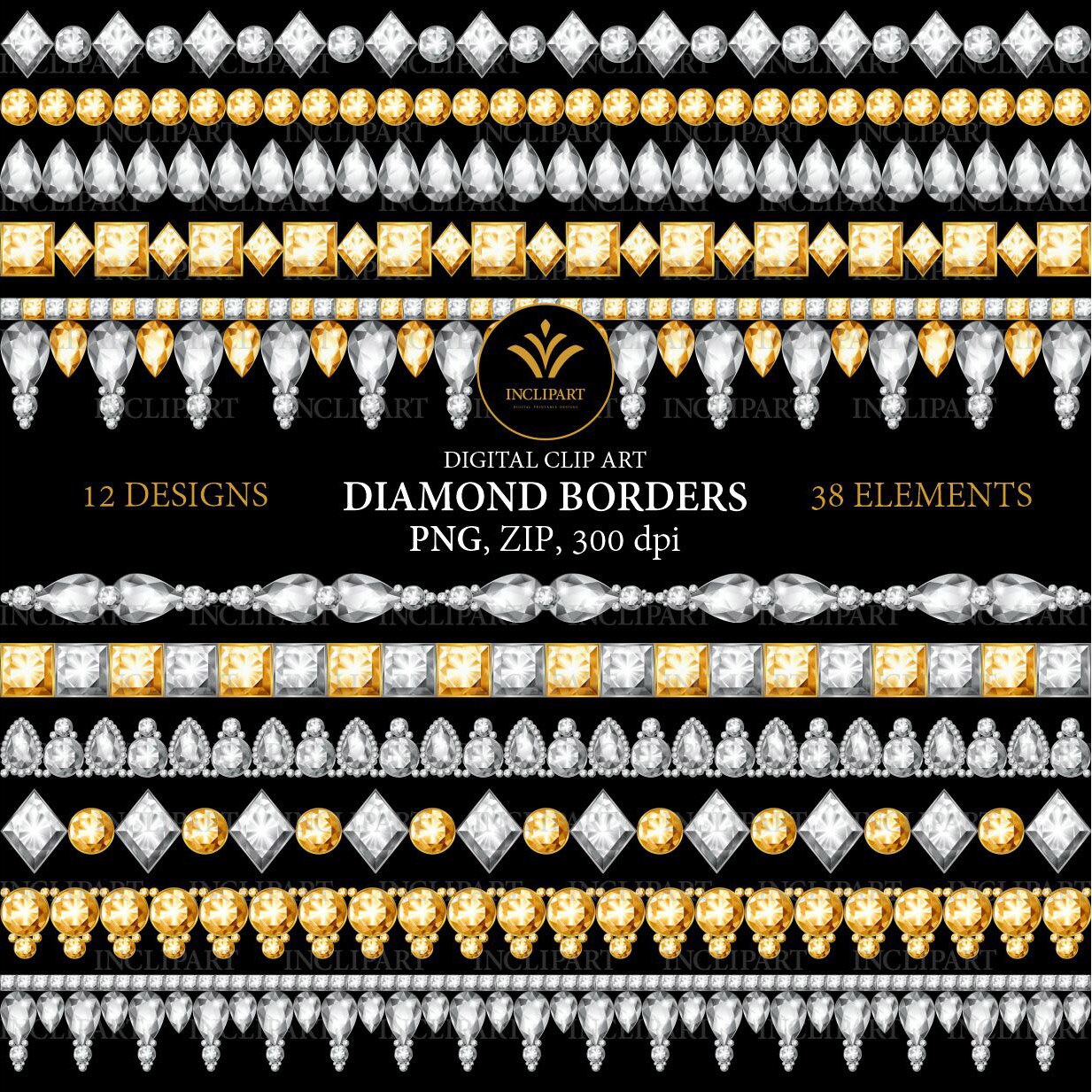 Diamond Borders Digital Clip Art PNG Format. Rhinestone, Crystal White ...