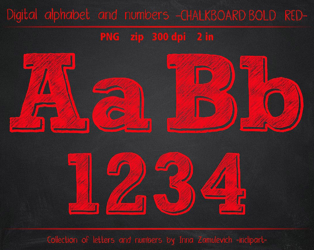 Red Chalk Letters, Numbers& Symbols Clip Art. Chalkboard Alphabet Bold ...