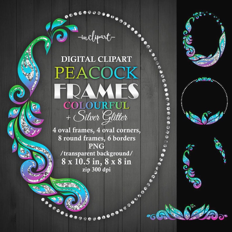 Digital Peacock Frames Clipart. Rainbow and Silver Glitter Oval, Round ...