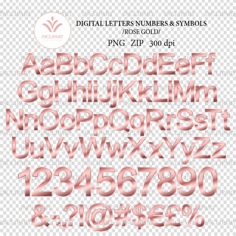 Rose Gold Letters and Numbers Digital Clipart PNG File Format. Alphabet ...