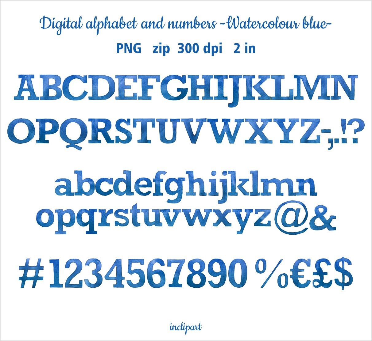 Watercolour Blue Letters Numbers Symbols Digital Clipart. | Etsy UK