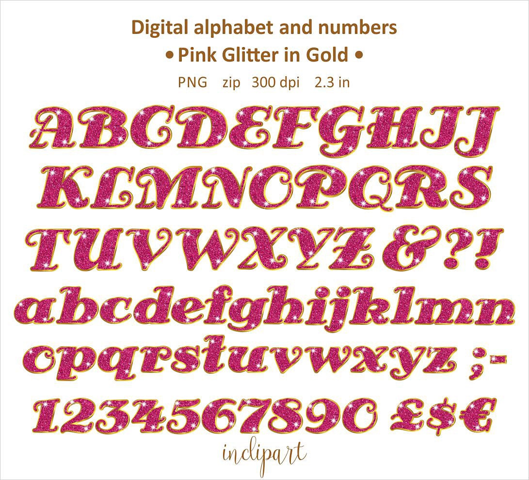 Pink Glitter Alphabet Clipart. Letters and Numbers Digital Clip Art ...