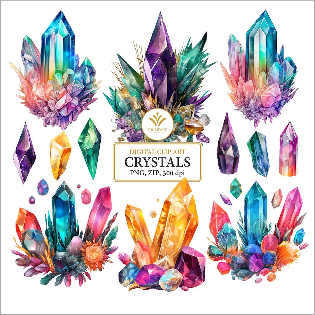 Crystals Colorful Digital Clipart PNG Fille Format. Set of 12 Elements ...
