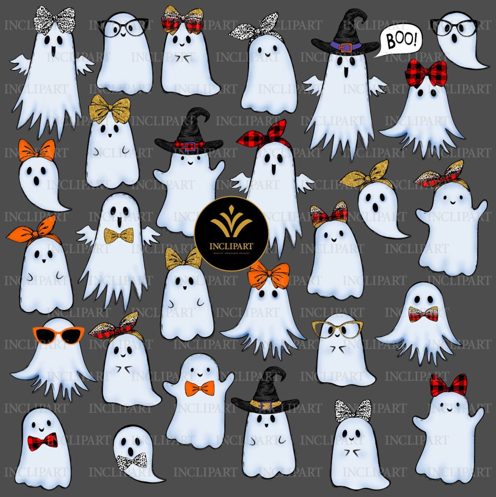 Cute Ghosts With Hat, Bow and Glasses, Halloween Clip Art in PNG File ...