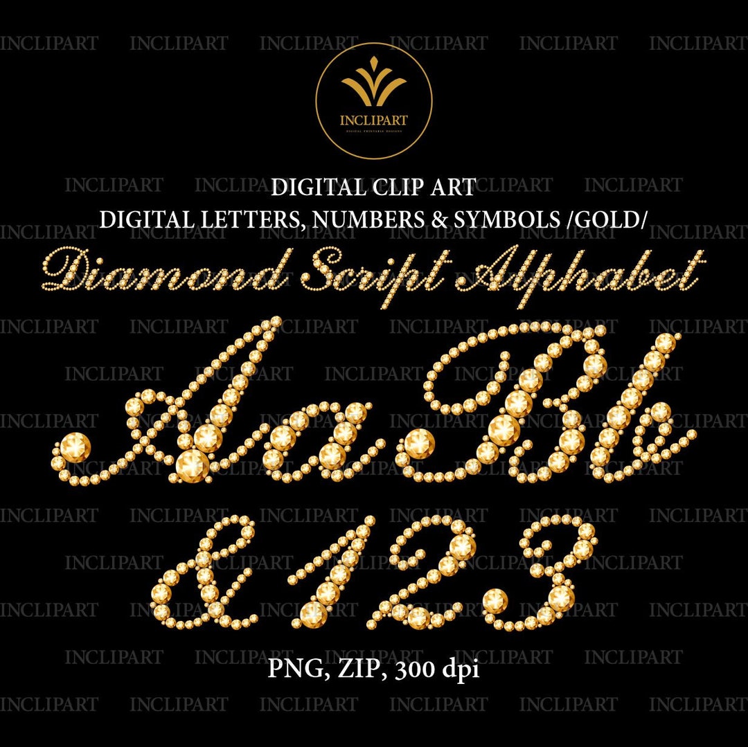 Diamond Alphabet Script Digital PNG Clip Art. Letters, Numbers and ...