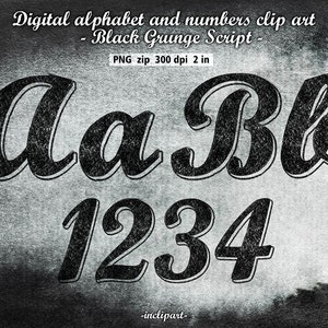Alphabet Black Grunge Script Clipart. Digital Coal Black Textured ...