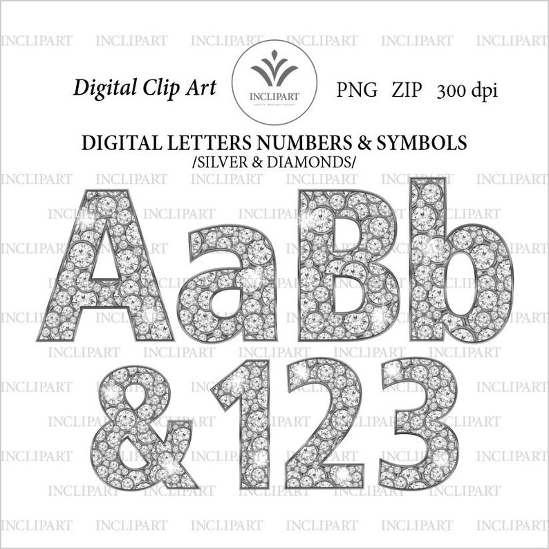 Silver and Diamond Letters Numbers Digital Clip Art in PNG | Etsy