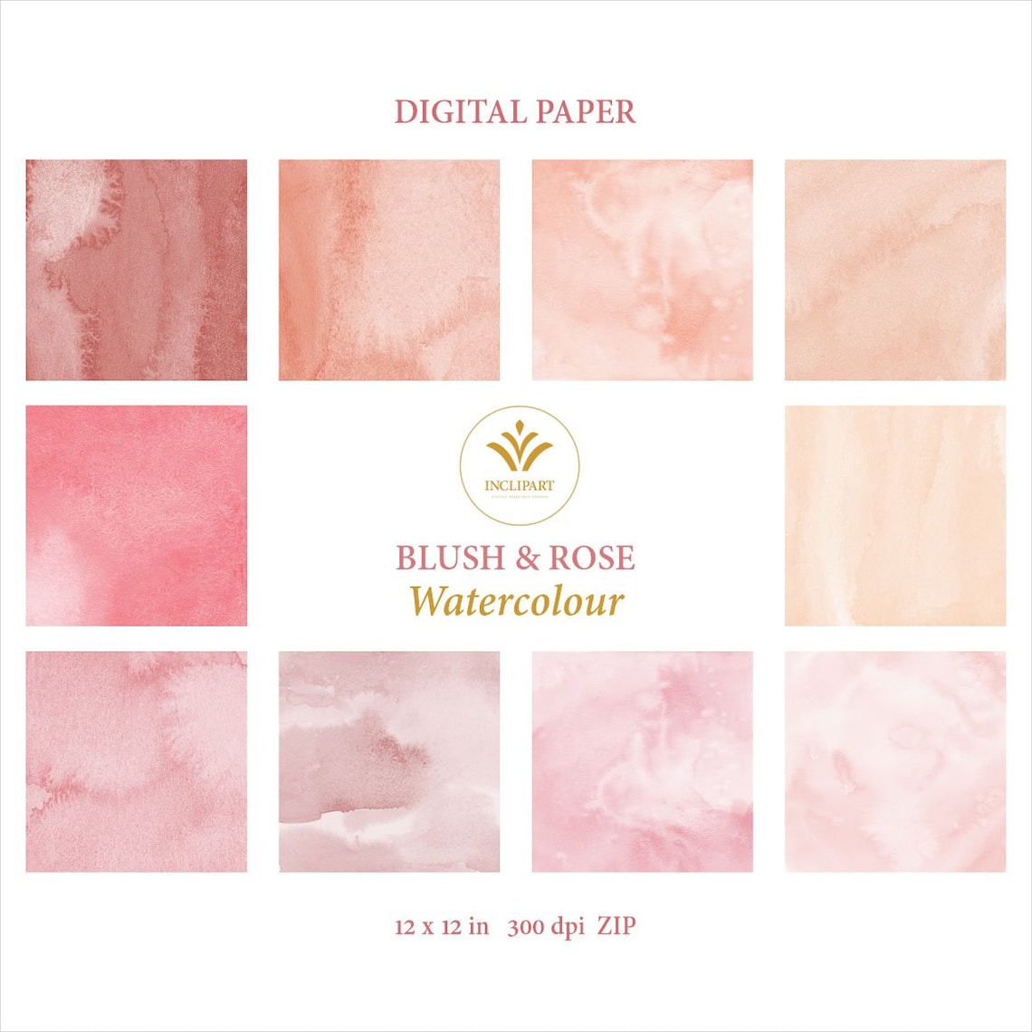 Blush & Rose Watercolour Digital Paper Clip Art. Set of 10 JPG ...