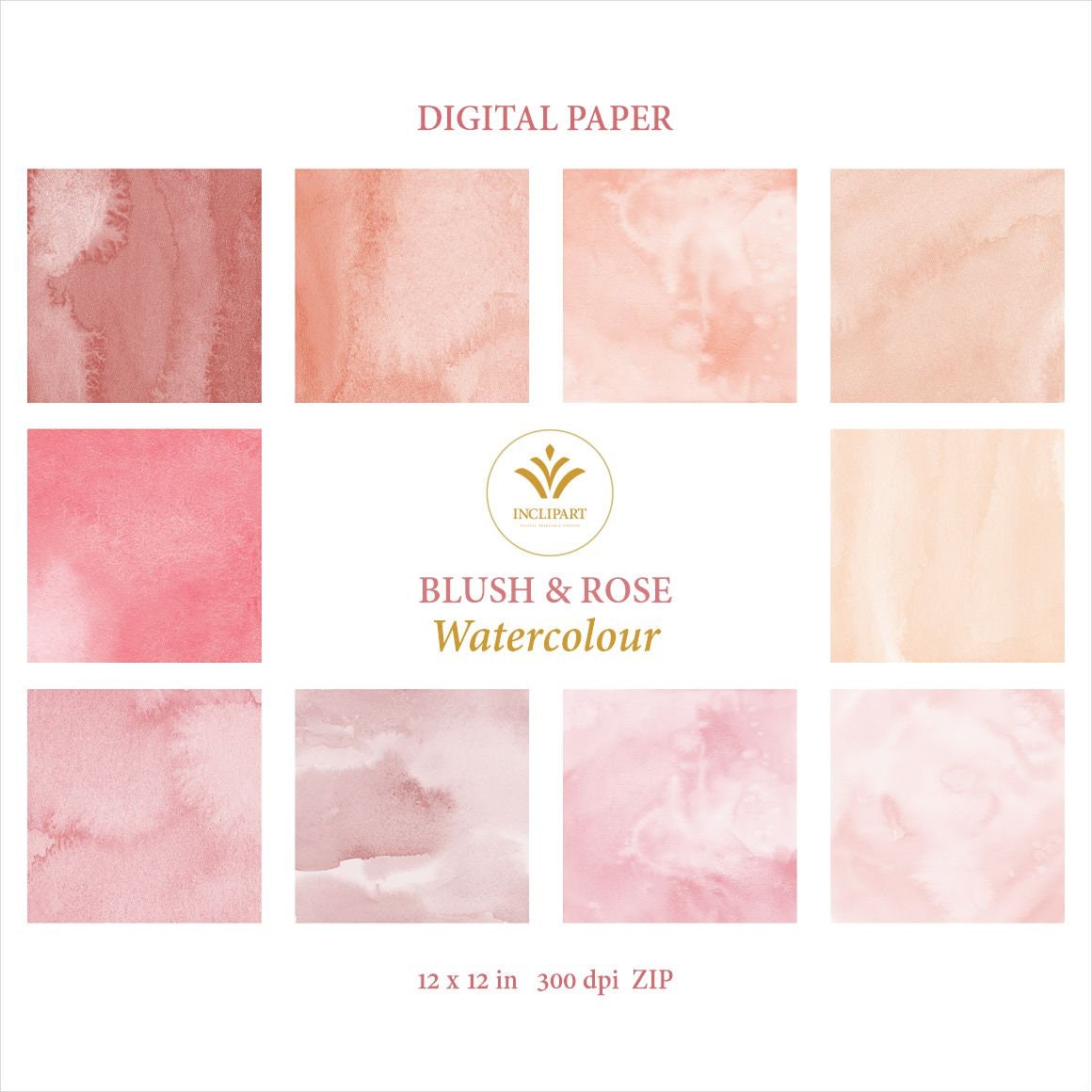 Blush & Rose Watercolour Digital Paper Clip Art. Set of 10 JPG ...