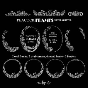 Peacock Frame Clipart. Digital Silver Glitter Oval, Round Frame, Border ...