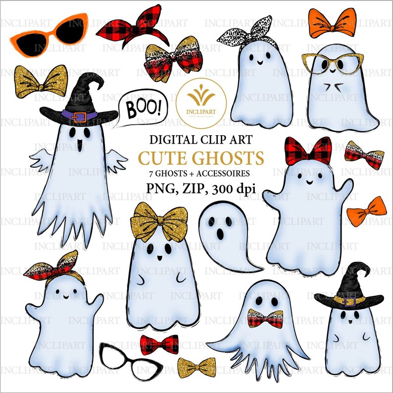 Cute Ghosts With Hat, Bow and Glasses, Halloween Clip Art in PNG File ...