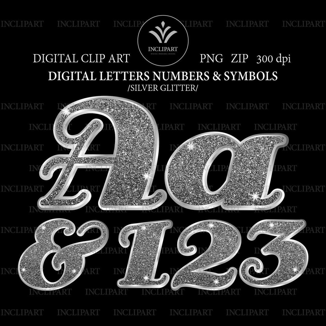 Silver Glitter Alphabet Clipart. Letters, Numbers Digital Clipart ...