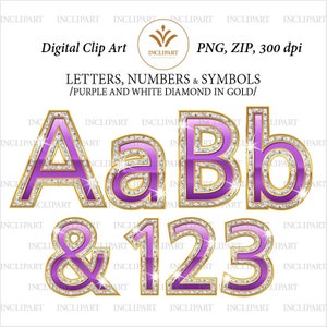 Purple, Diamond and Gold Alphabet and Numbers PNG Clipart. Rhinestone ...