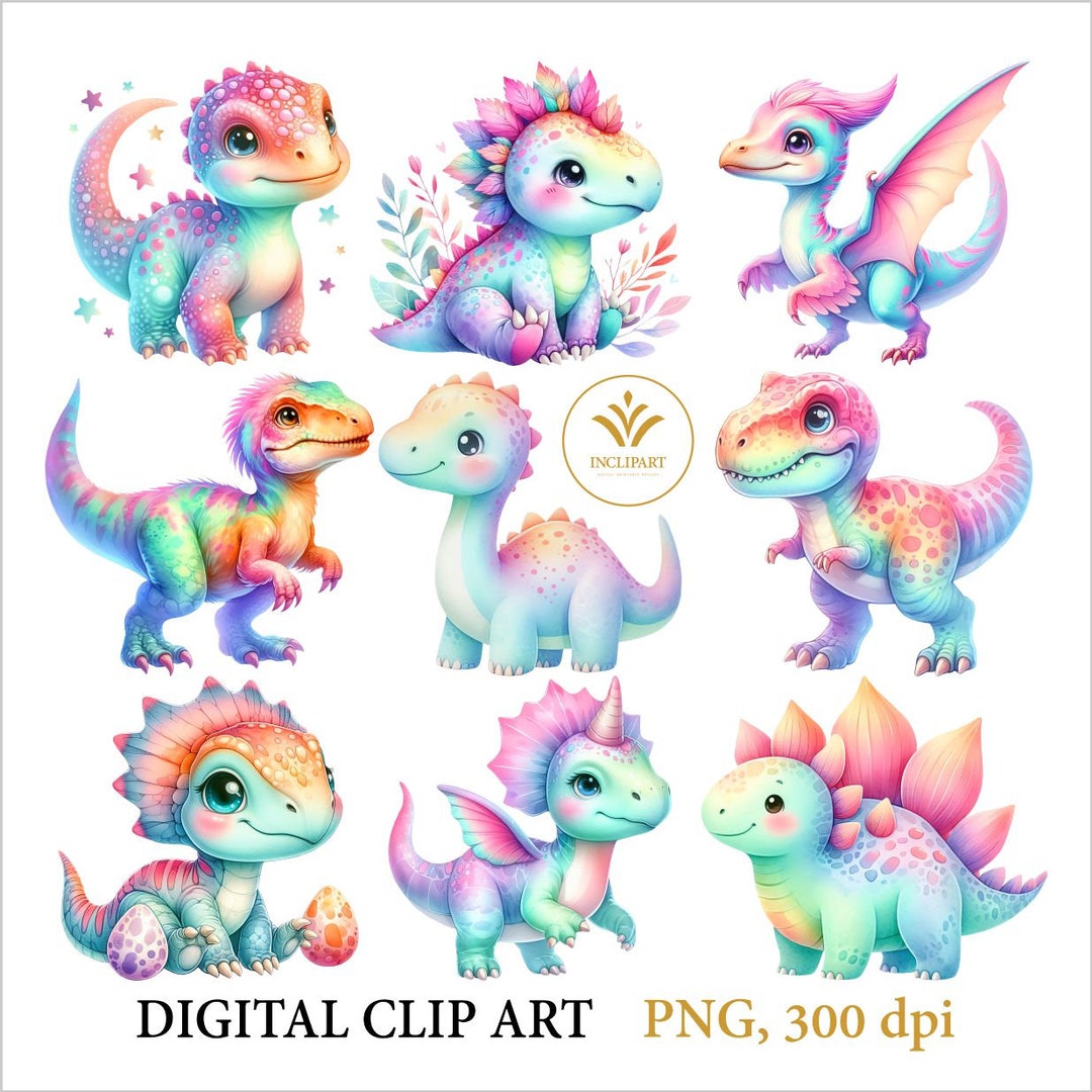 Cute Dinosaurs, Watercolor, Kids Clip Art in PNG File Format. Instant ...