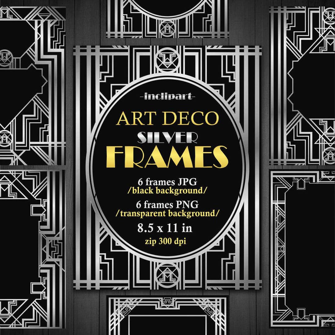 Art Deco Frames Clipart. Set of 6 Digital Metallic, Silver Frames in ...