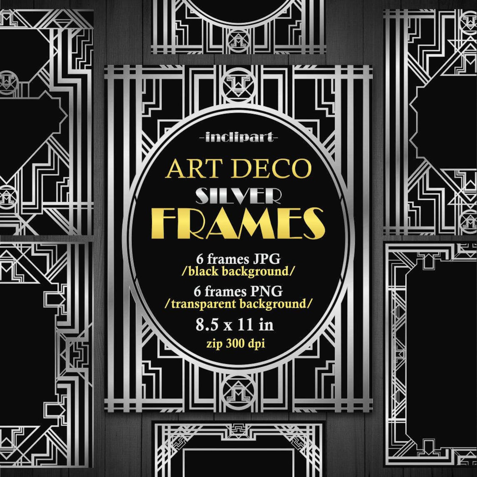 Art Deco Frames Clipart. Set of 6 Digital Metallic, Silver Frames in ...