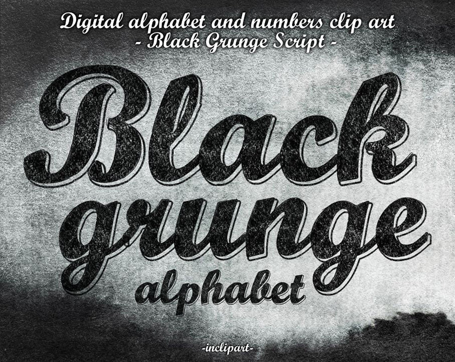 Alphabet Black Grunge Script Clipart. Digital Coal Black Textured ...
