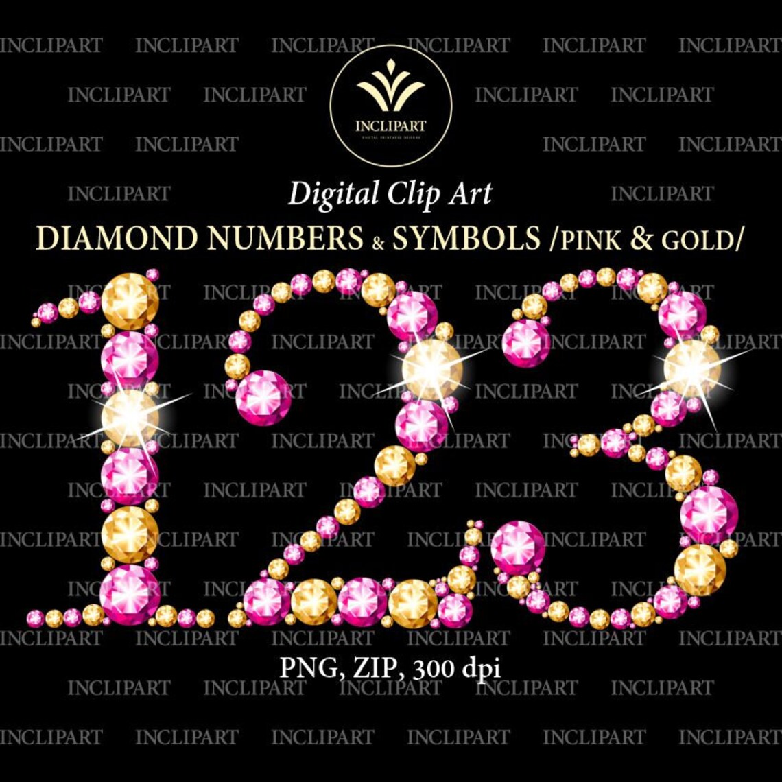 Pink& Gold Diamond numbers clipart. Rhinestone gem crystal | Etsy