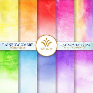 Ombre Rainbow Colour Watercolour Digital Paper Clip Art. Set of 10 JPG ...