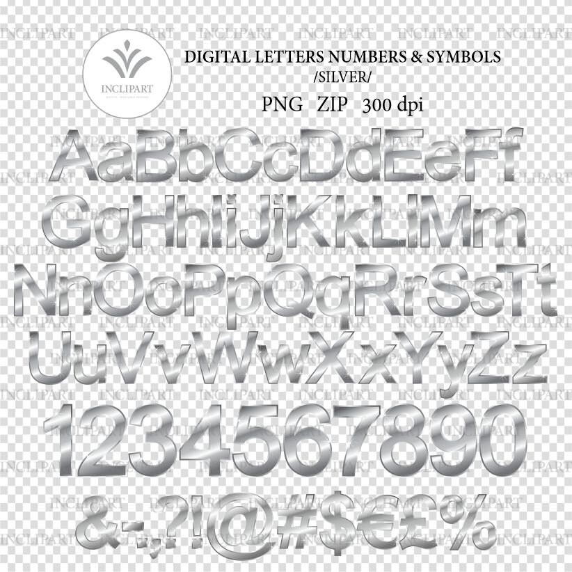 Silver Metallic Letters and Numbers Digital Clip Art in PNG - Etsy