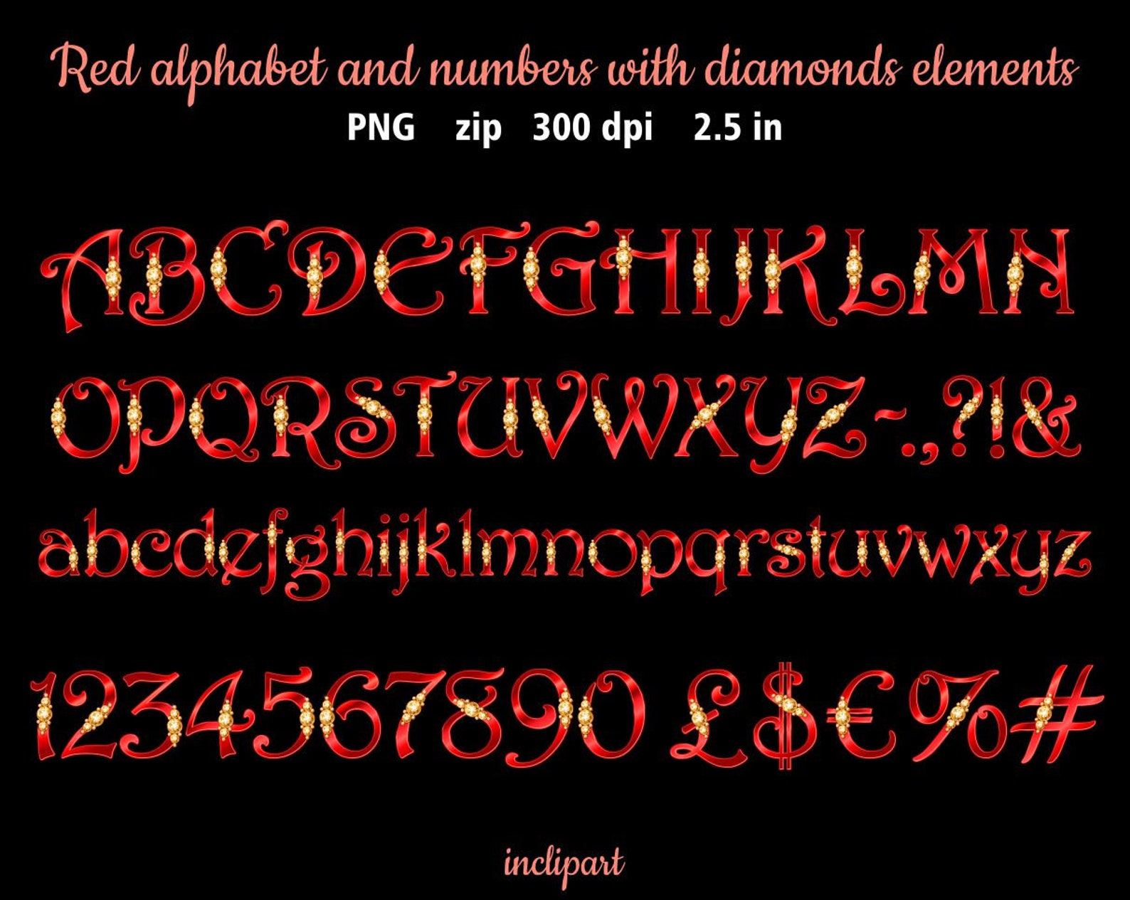Red and yellow diamonds alphabet and numbers clip art. | Etsy